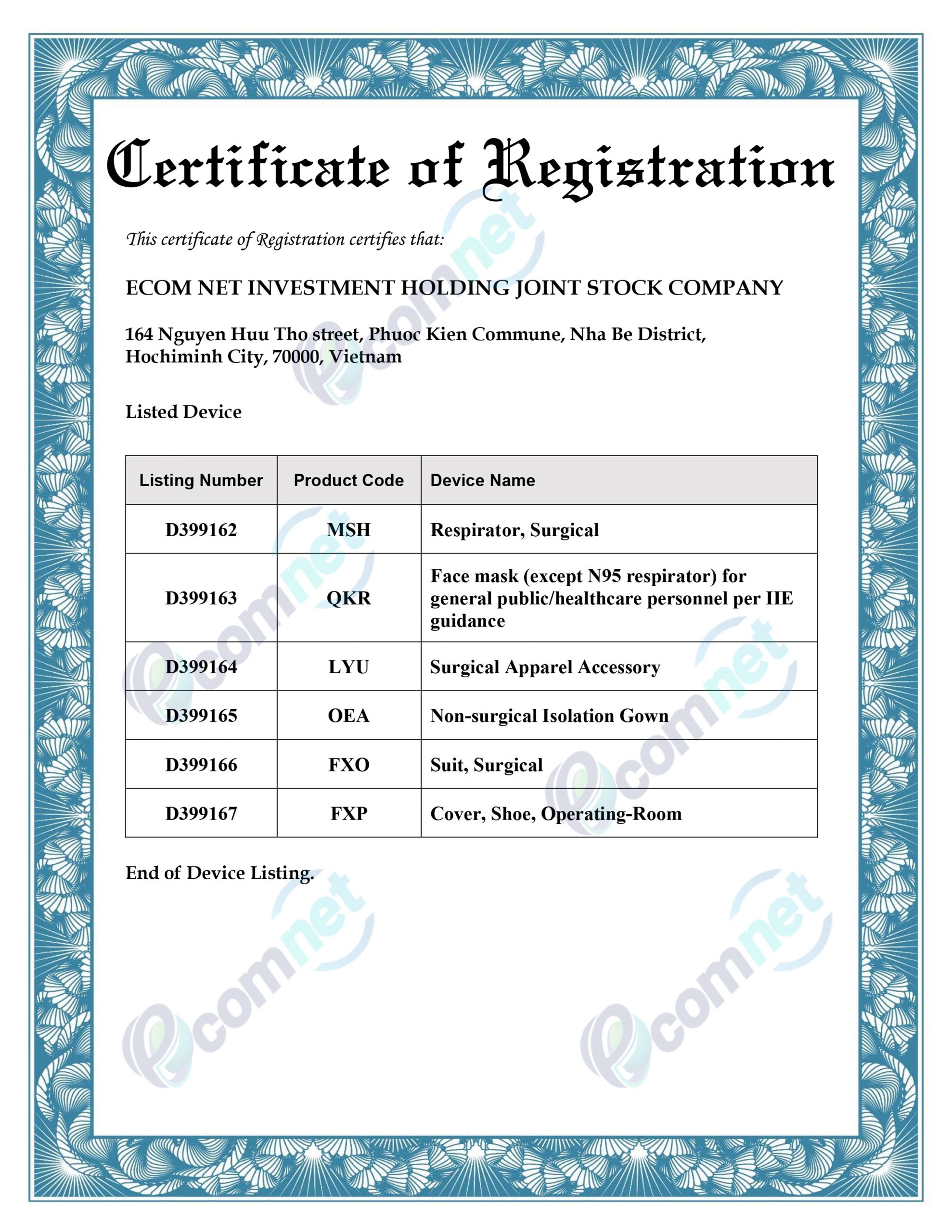 The US Food And Drug Administration FDA Certificate Of Registration The US Food And Drug Administration FDA Certificate Of Registration